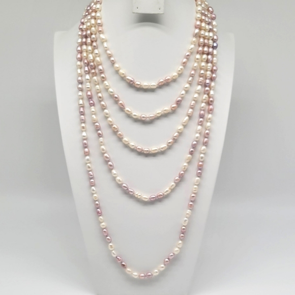 Jewelry | Set Of 2 Extra Long Pink And White Ringed Pearl Necklaces 925 ...